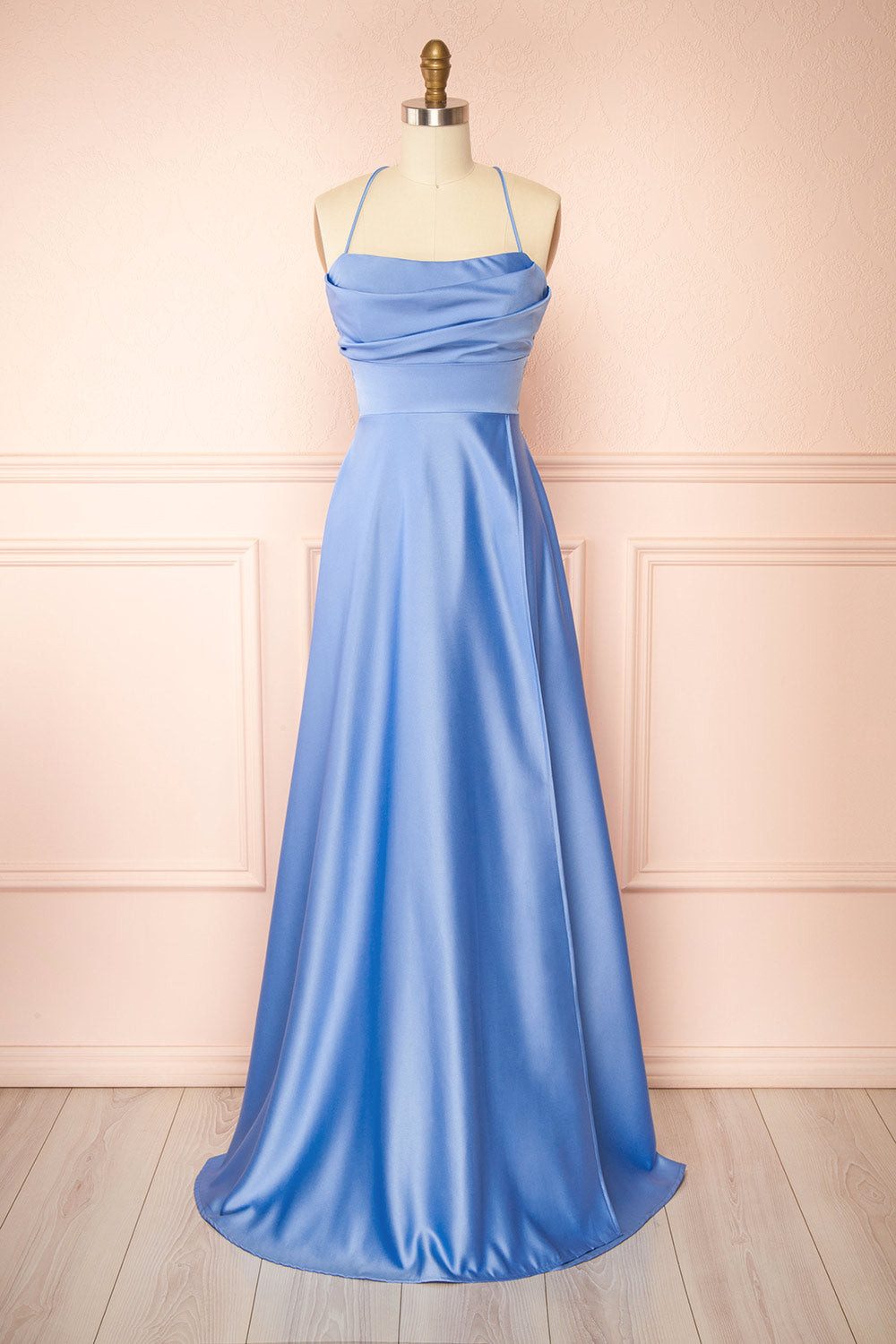 Marlys Light Blue Cowl Neck Satin Maxi Dress | Boutique 1861