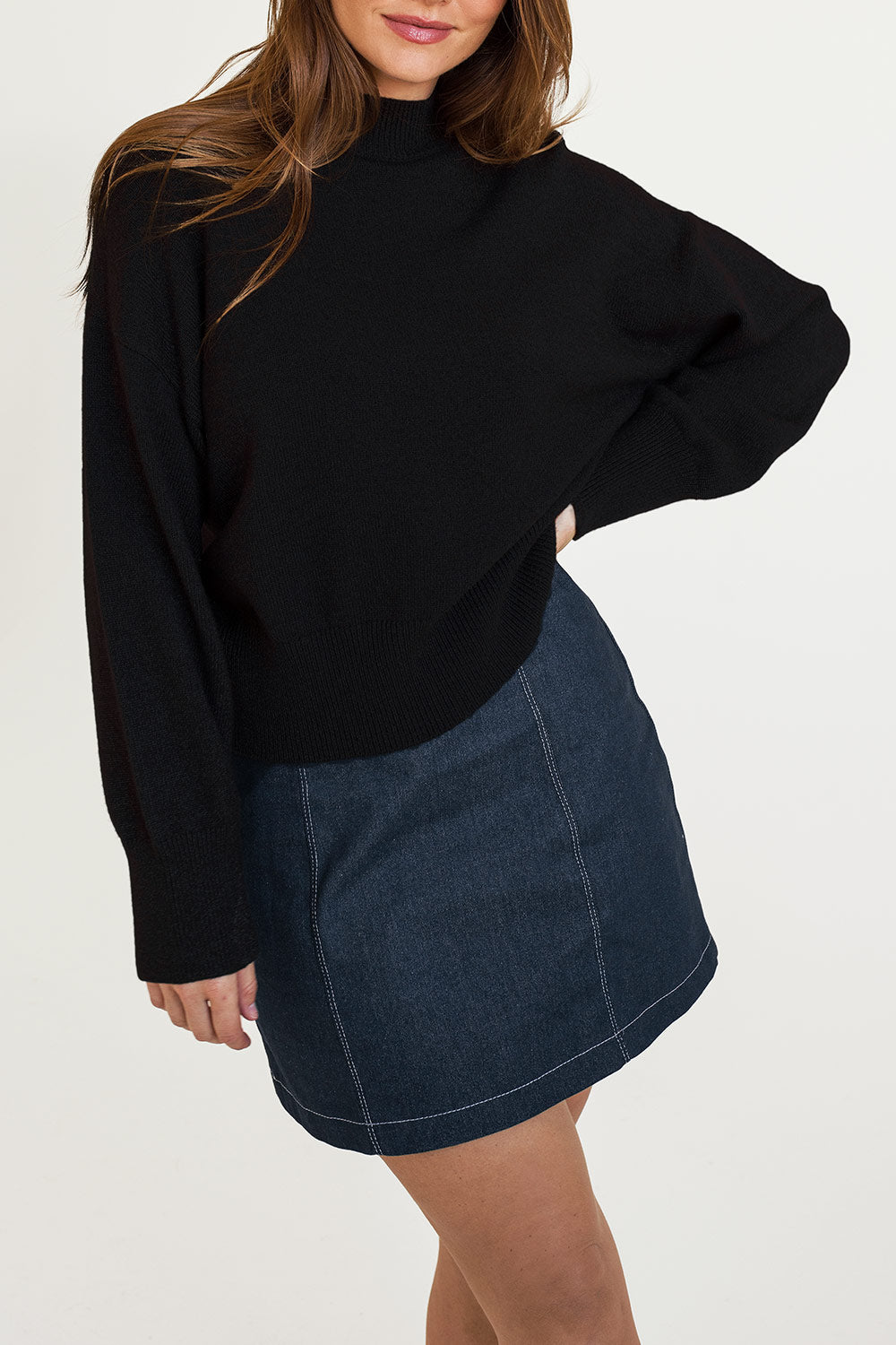 Dailystory Brooke Black Boxy Knit Sweater w/ Mock Neck