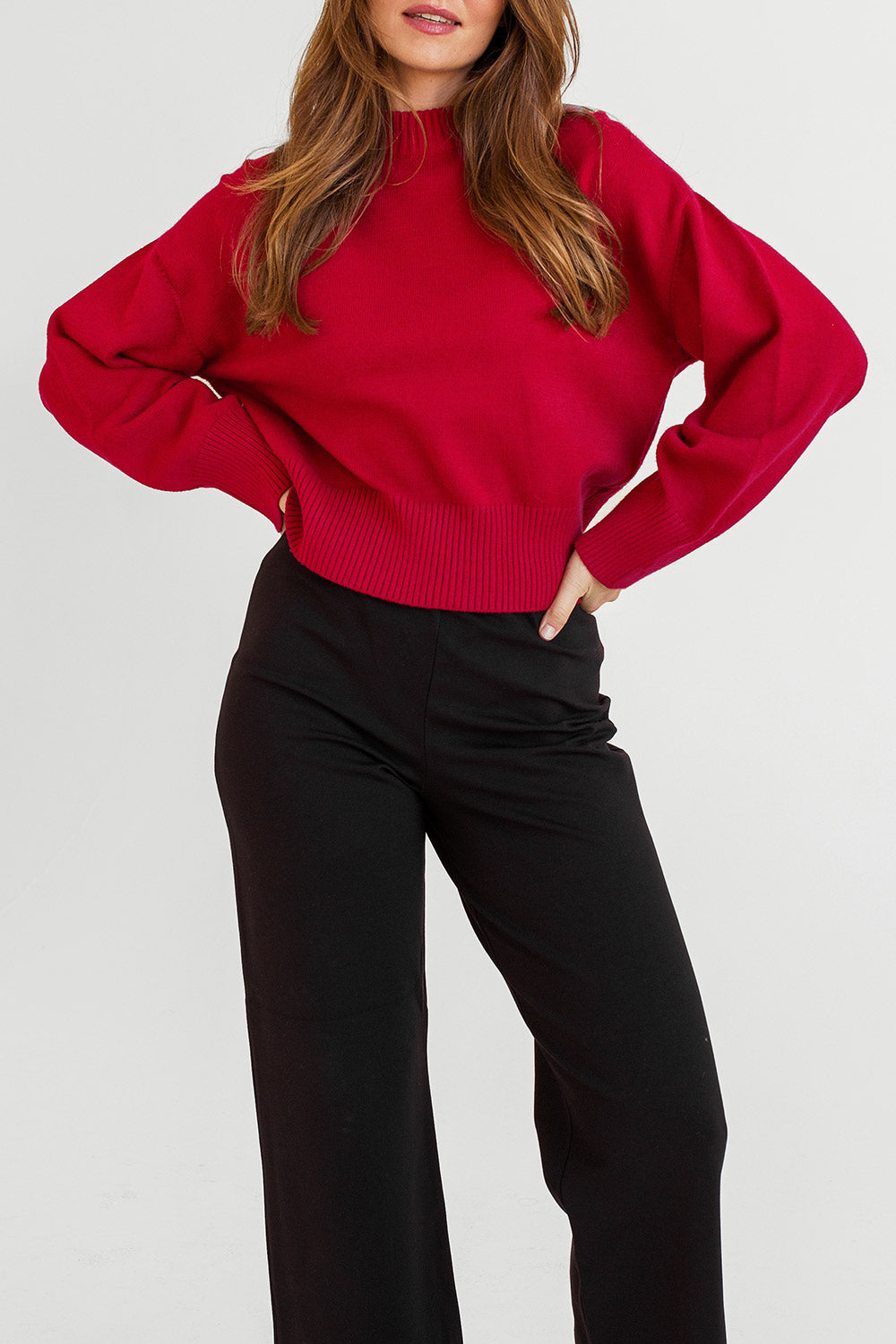 Dailystory Brooke Red Boxy Knit Sweater w/ Mock Neck
