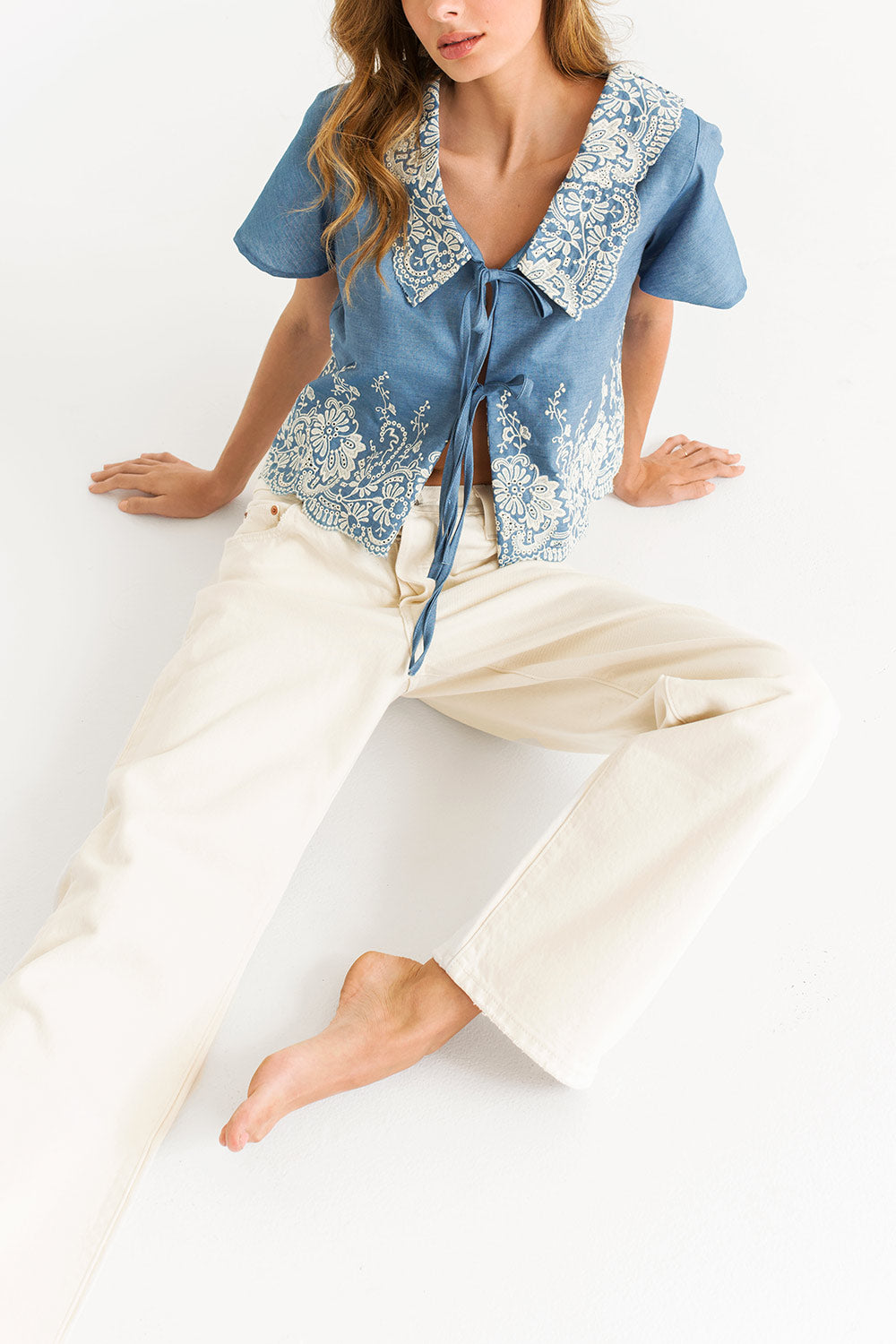 Dailystory Meryl Blue Denim Blouse w/ Floral embroidery