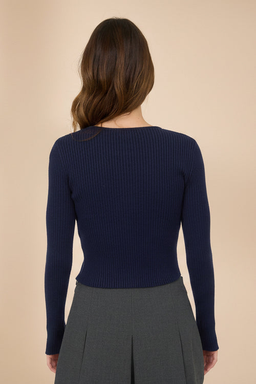 Romilda Cropped Ribbed Navy Top with Ribbon Front | Boutique 1861
