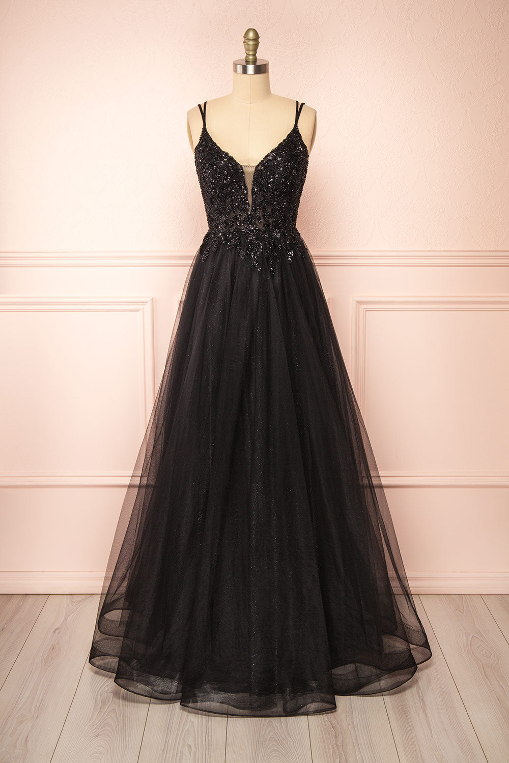 Aethera Black Sparkling Beaded A-Line Maxi Dress | Boutique 1861