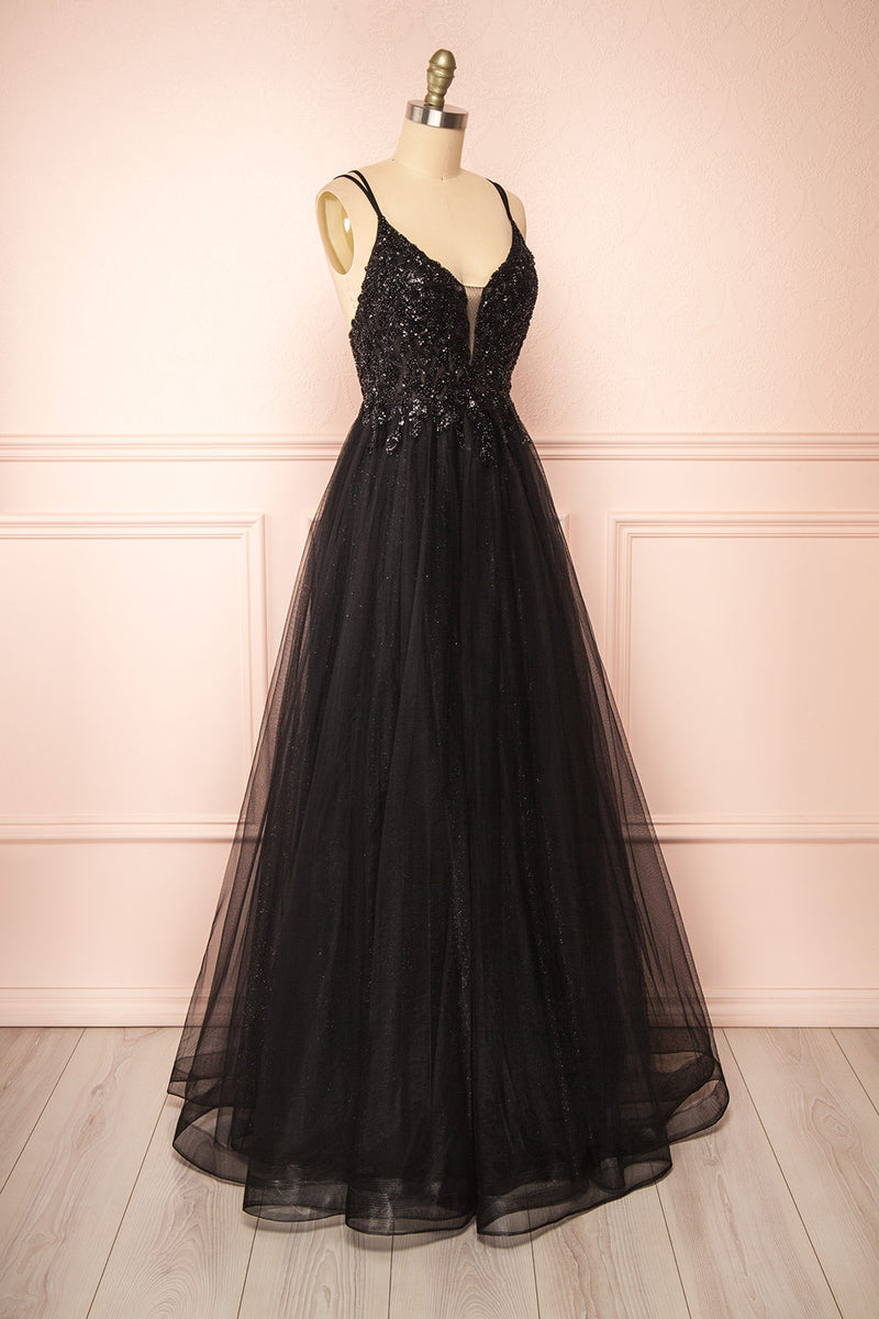 Aethera Black Sparkling Beaded A-Line Maxi Dress | Boutique 1861
