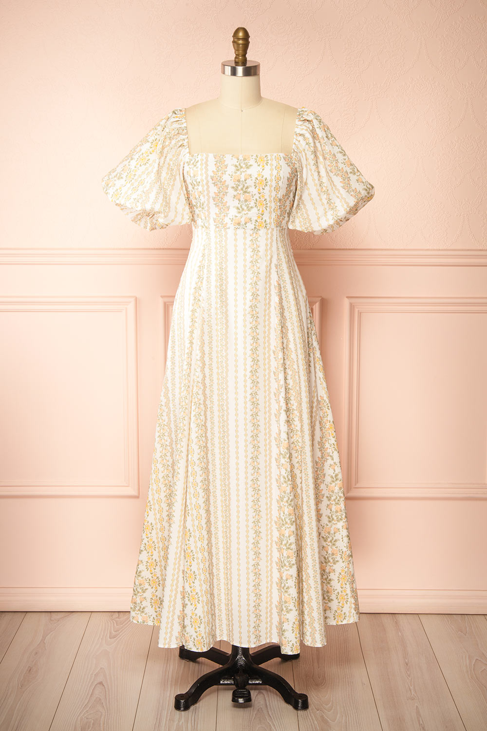 Bachira Beige Long Floral Dress with Back Tie and Pockets | Boutique 1861