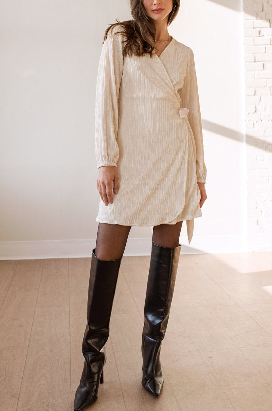 Dailystory Billy Ivory Pleated Shimmery Short Wrap Dress | La petite ...