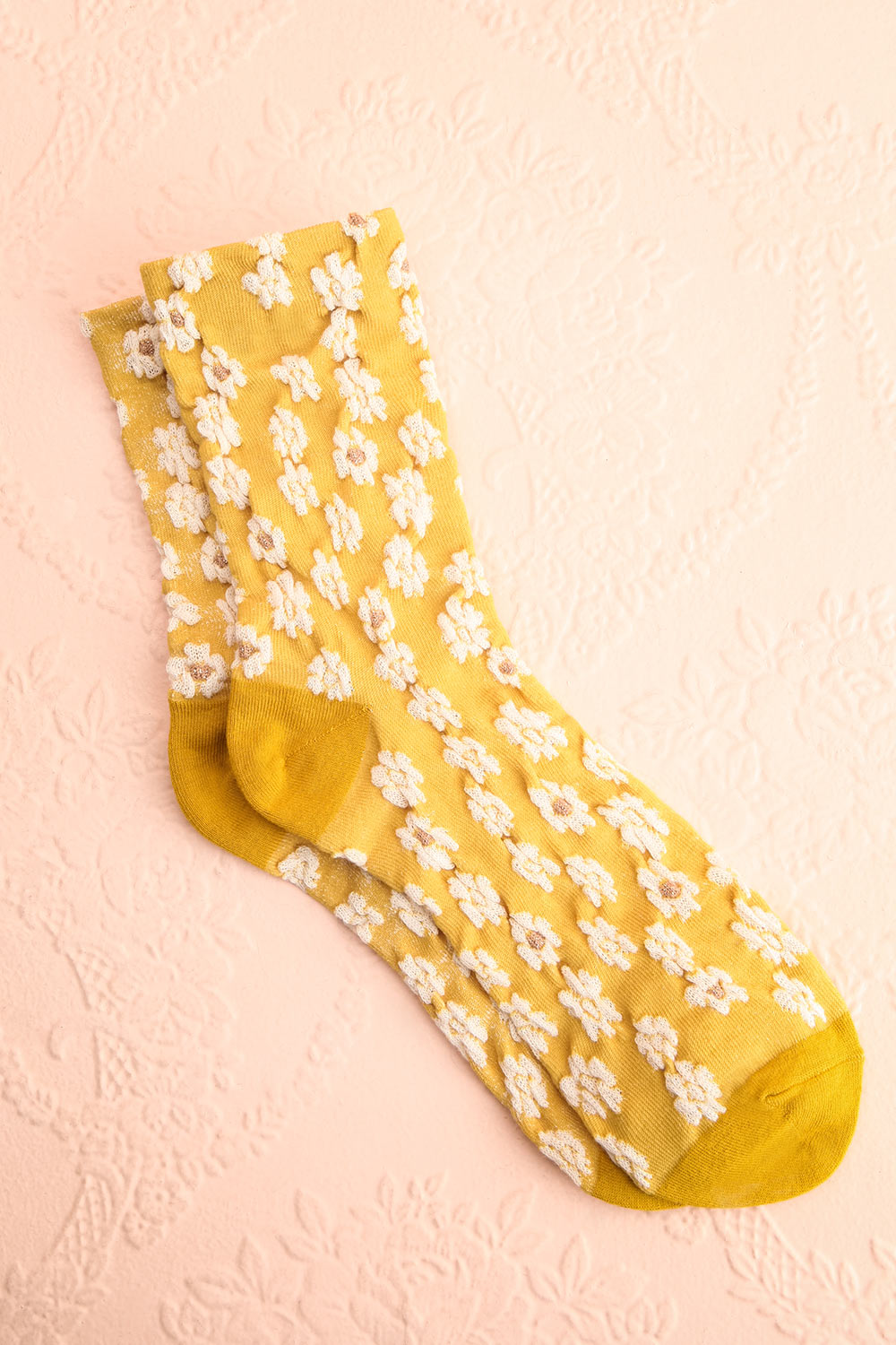 Brunei Yellow Crew Socks w/ White Flowers | Boutique 1861