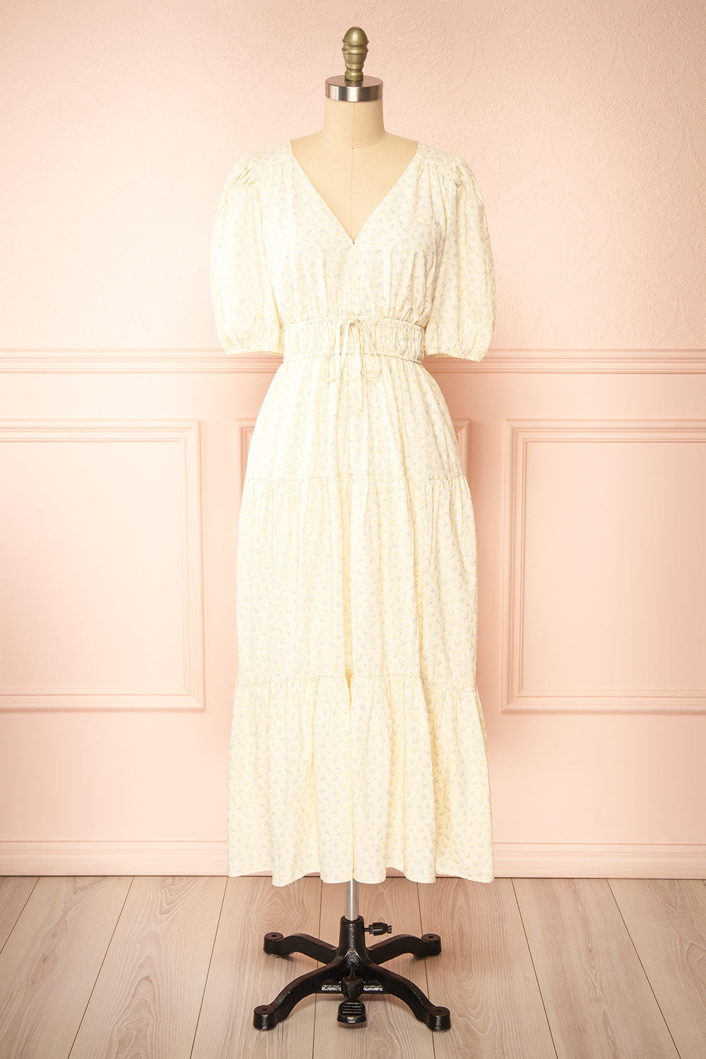 Carolane Maxi Cream Dress w/ Blue Floral Pattern | Boutique 1861