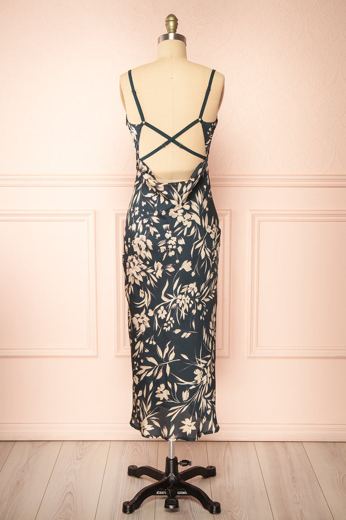 Casey Long Dark Floral Satin Dress | Boutique 1861