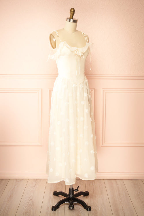 Claribel Cream Midi Dress with Floral-Embellishment and Fitted Bodice ...