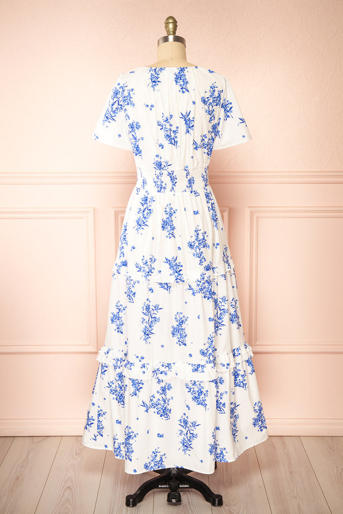 Claudia White Maxi Dress w/ Blue Floral Pattern | Boutique 1861