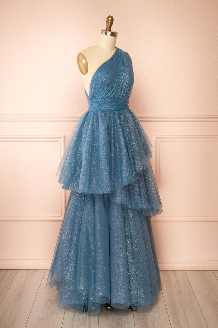 Cody Blue Grey Maxi One Shoulder Dress with Glitters | Boutique 1861