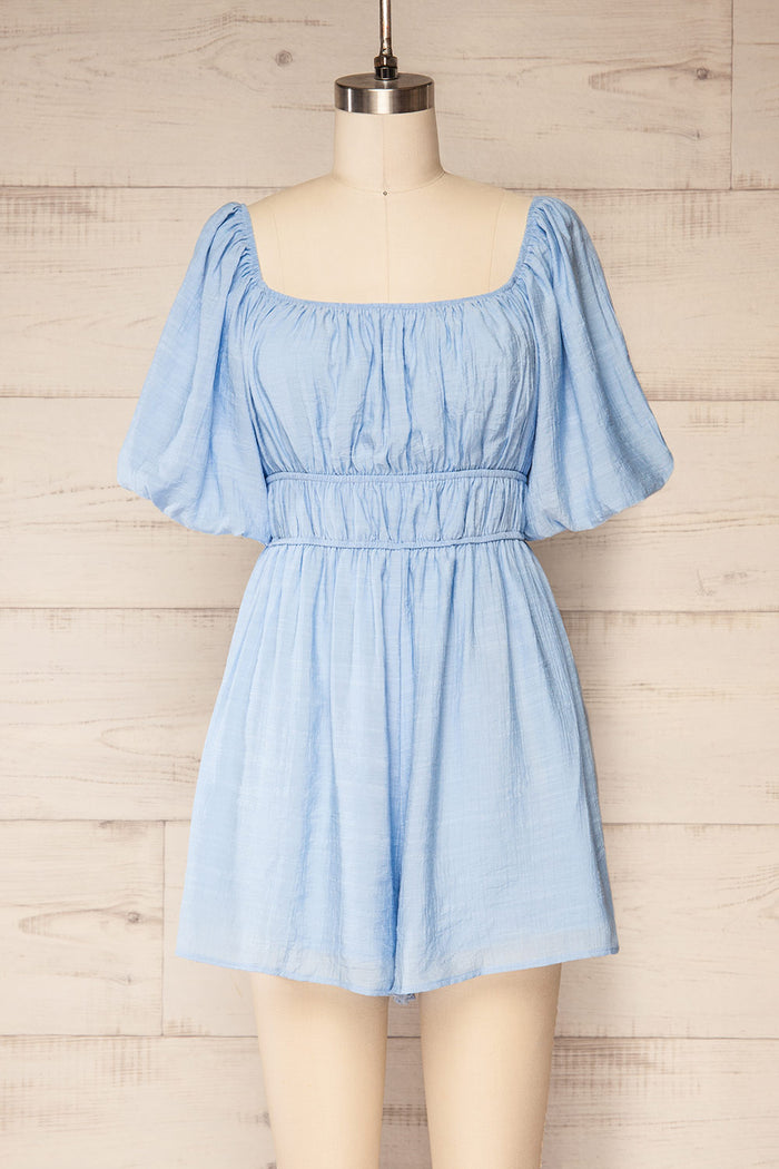 Damascus Blue Short Romper w/ Puffy Sleeves | La petite garçonne