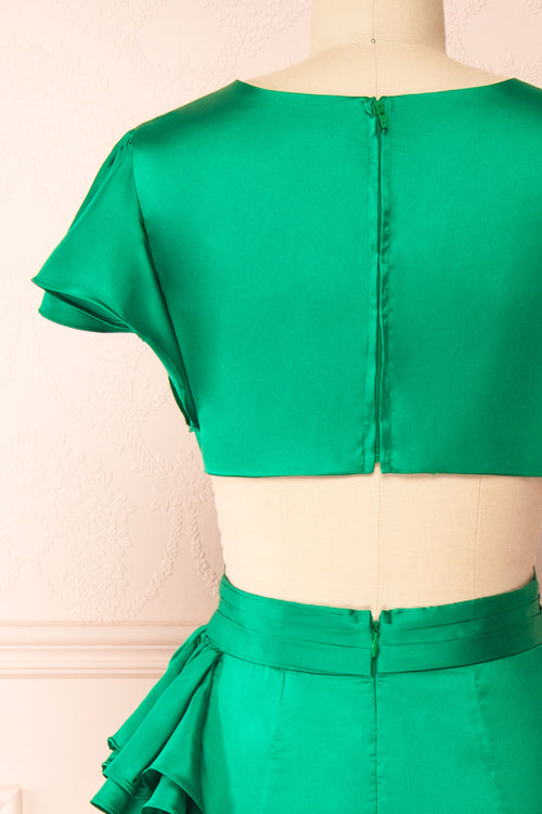 Eirlys Green Asymmetrical Satin Dress w/ Ruffles | Boutique 1861