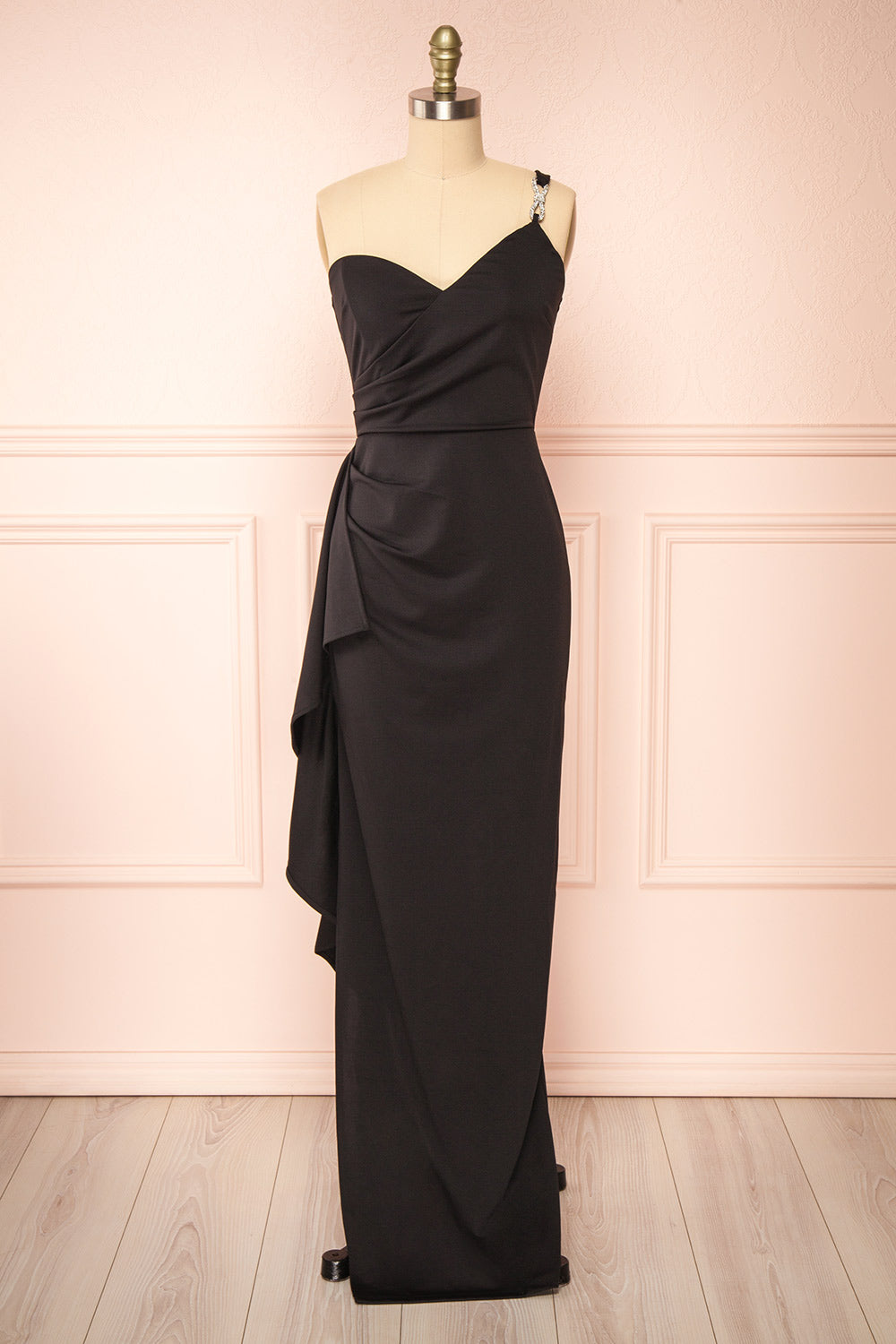 Elliot One-Shoulder Black Maxi Dress w/ Bow | Boutique 1861