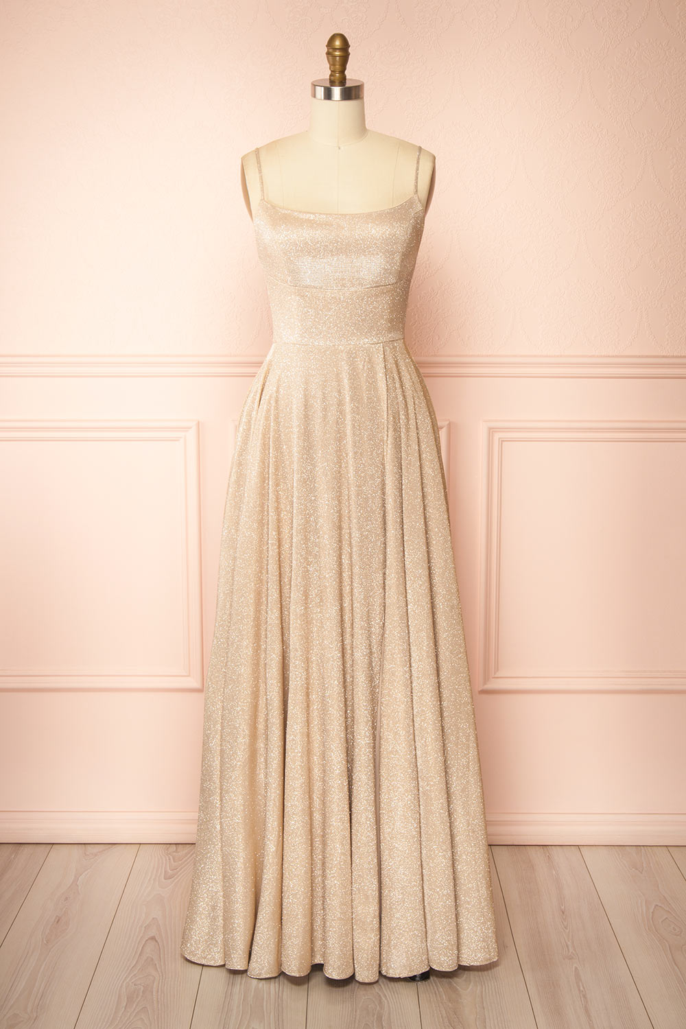 Fadia Champagne Sparkly Maxi Dress with Slit | Boutique 1861