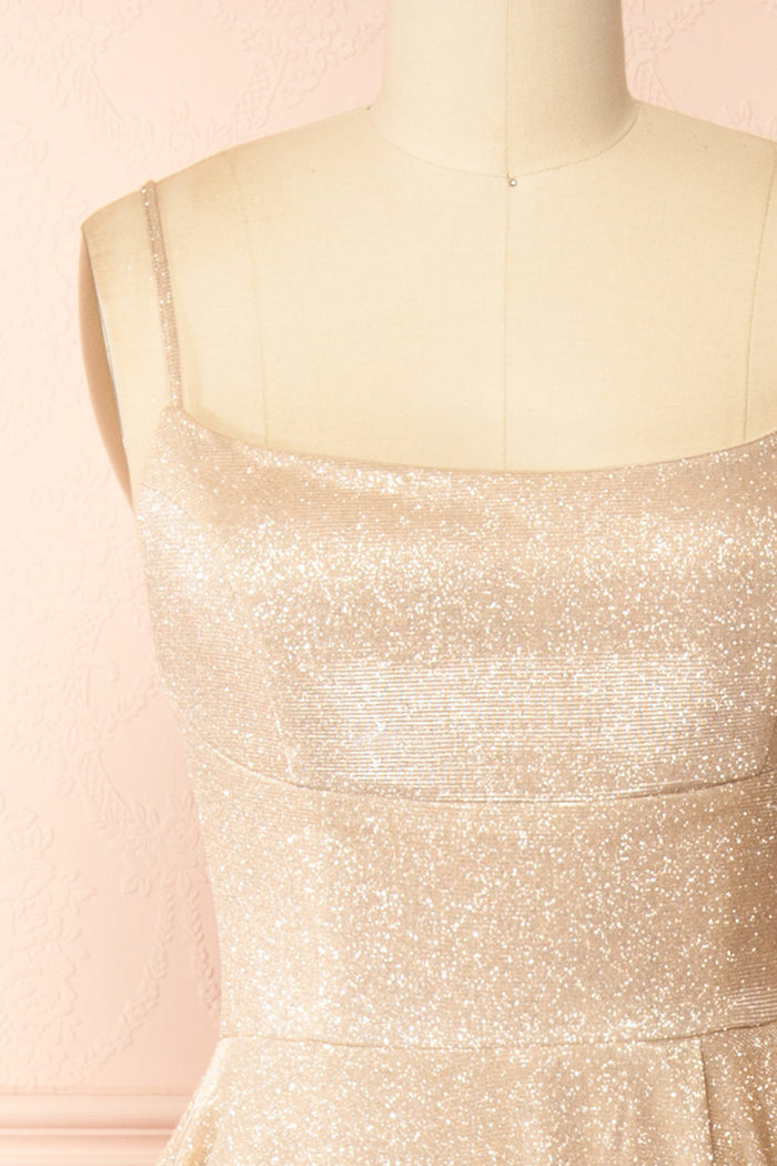 Fadia Champagne Sparkly Maxi Dress with Slit | Boutique 1861