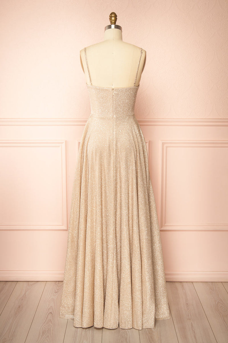Fadia Champagne Sparkly Maxi Dress with Slit | Boutique 1861