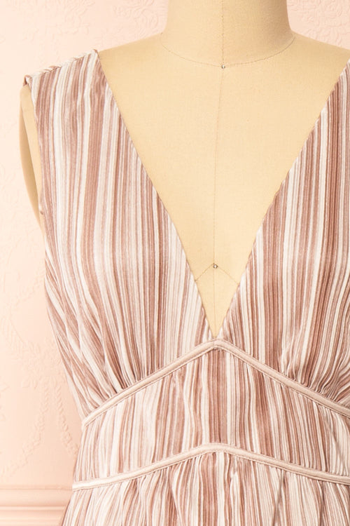 Gloriane Pleated Beige Multi-Tone Dress w/ Slit | Boutique 1861