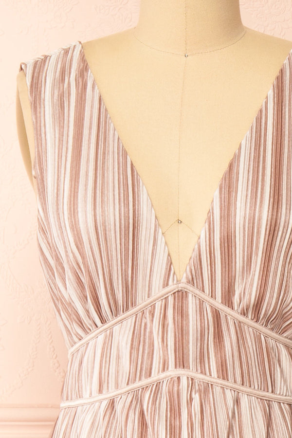 Gloriane Pleated Beige Multi-Tone Dress w/ Slit | Boutique 1861