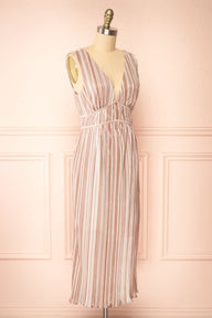 Gloriane Pleated Beige Multi-Tone Dress w/ Slit | Boutique 1861