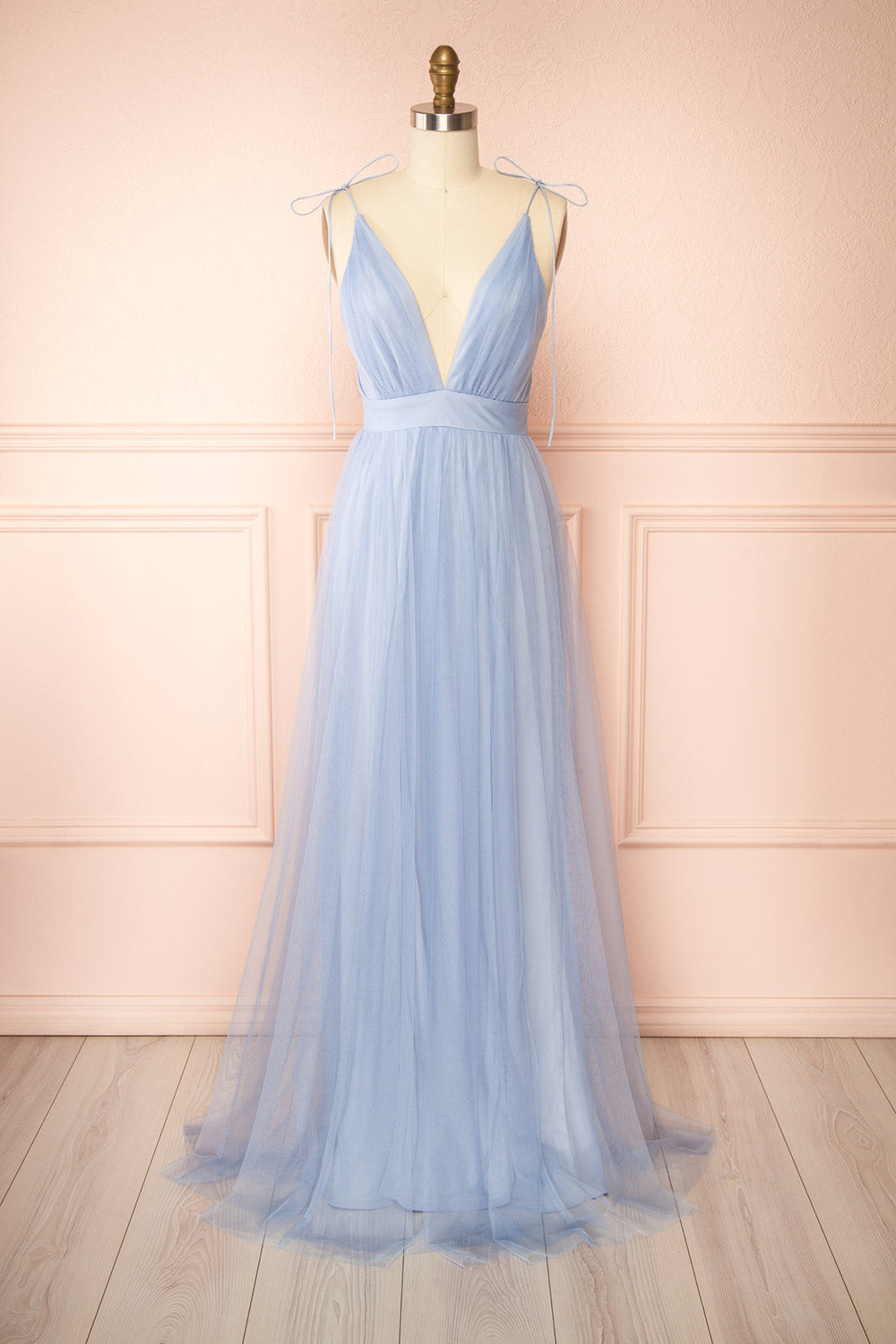 Hyedi Light Blue Tulle Gown with Plunging Neckline | Boutique 1861