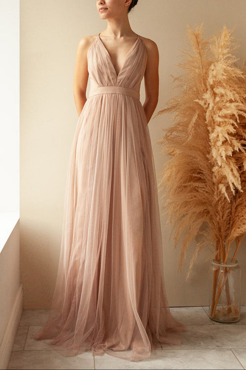 Ilaria Taupe Tulle Gown with Plunging Neckline | Boutique 1861