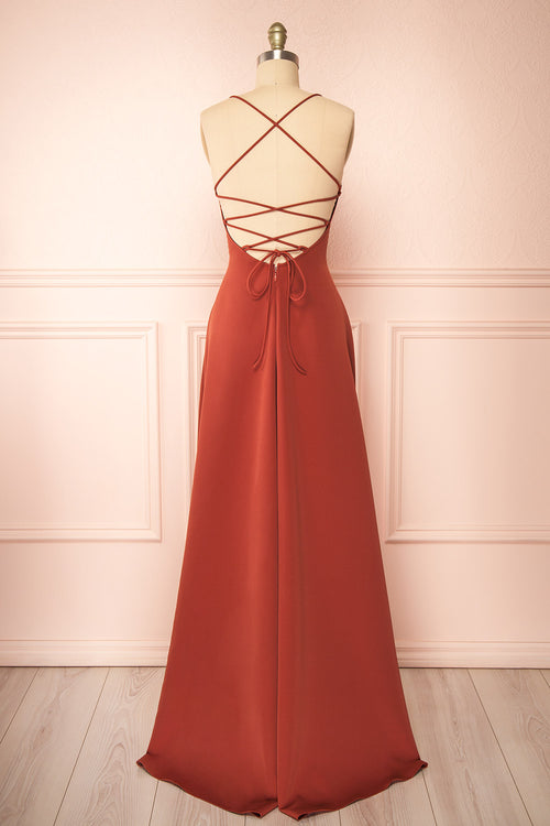Izabella Rust A-line Maxi Dress with Open Back and Slit by Arti Gogna ...