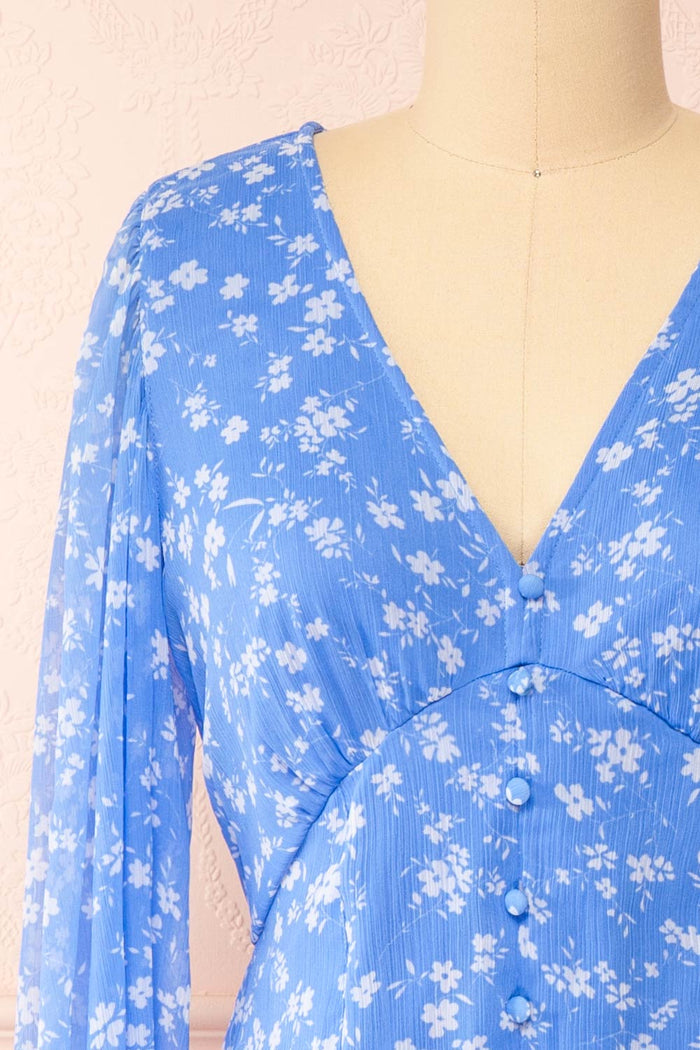 Natasha Long-Sleeved Floral Blue Midi Dress | Boutique 1861