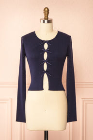 Romilda Cropped Ribbed Navy Top with Ribbon Front | Boutique 1861