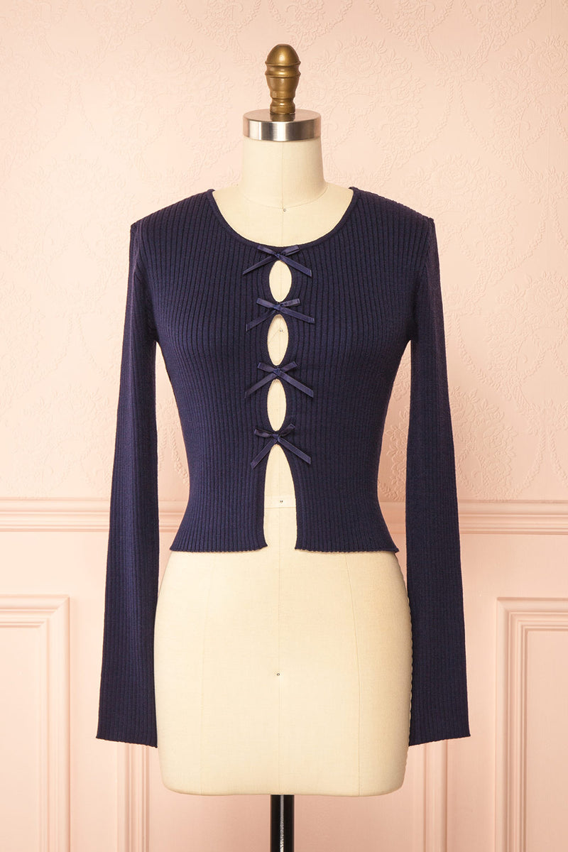 Romilda Cropped Ribbed Navy Top with Ribbon Front | Boutique 1861