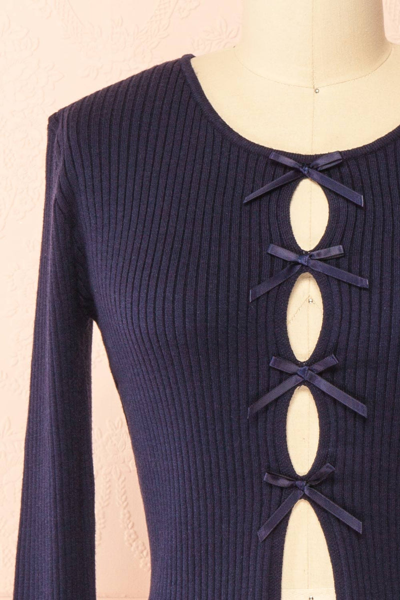 Romilda Cropped Ribbed Navy Top with Ribbon Front | Boutique 1861