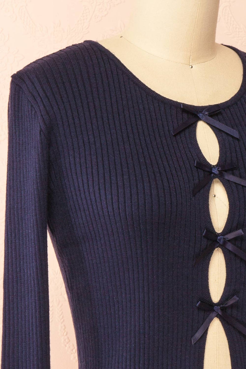 Romilda Cropped Ribbed Navy Top with Ribbon Front | Boutique 1861