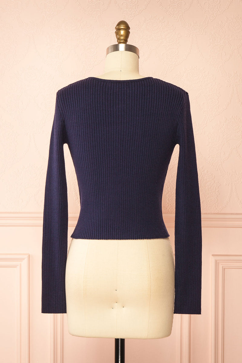 Romilda Cropped Ribbed Navy Top with Ribbon Front | Boutique 1861