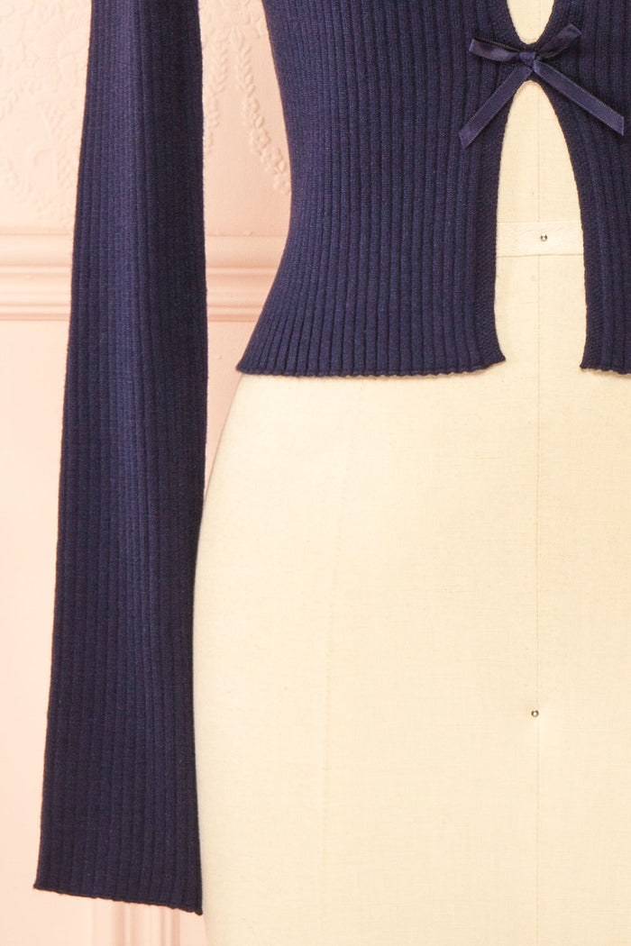 Romilda Cropped Ribbed Navy Top with Ribbon Front | Boutique 1861