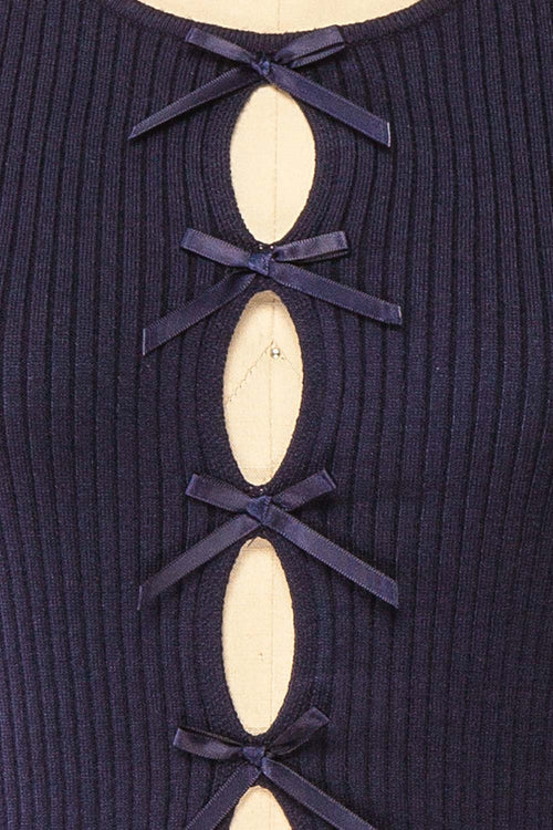 Romilda Cropped Ribbed Navy Top with Ribbon Front | Boutique 1861