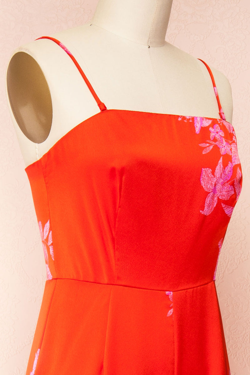 Sherry Red Floral Satin Jumpsuit w/ Slits | Boutique 1861