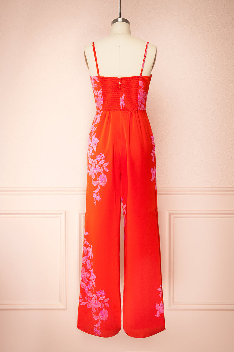 Sherry Red Floral Satin Jumpsuit w/ Slits | Boutique 1861