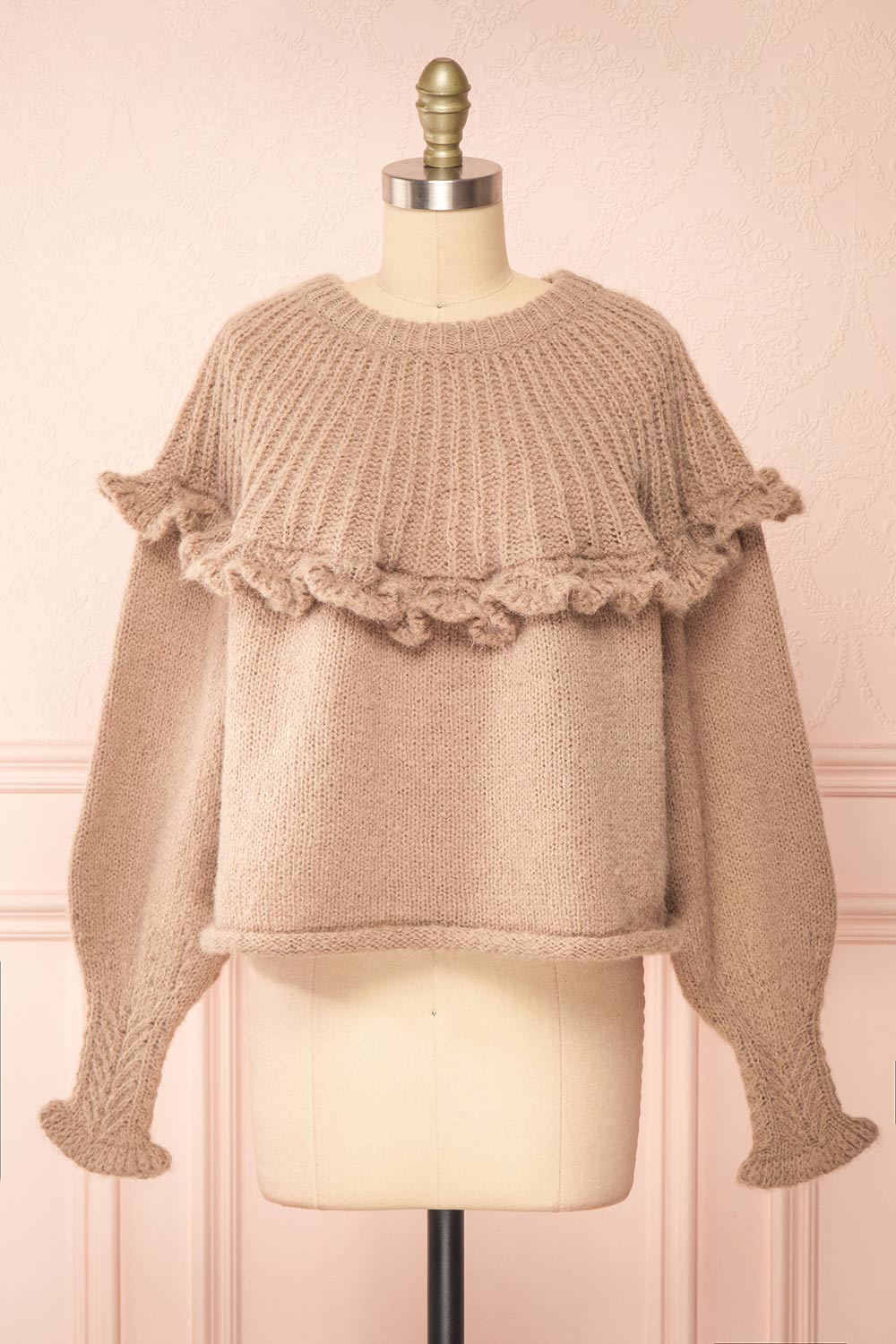 Yorleni Light-Brown Knit Sweater w/ Ruffles | Boutique 1861