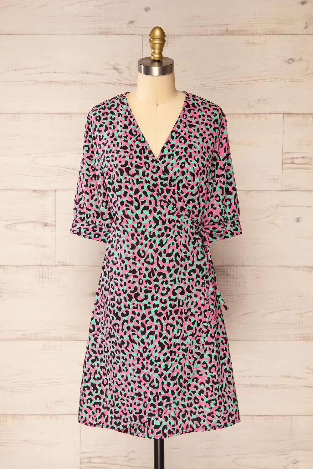 Zekia Pink Leopard Print Short Sleeve Wrap Dress | La petite garçonne