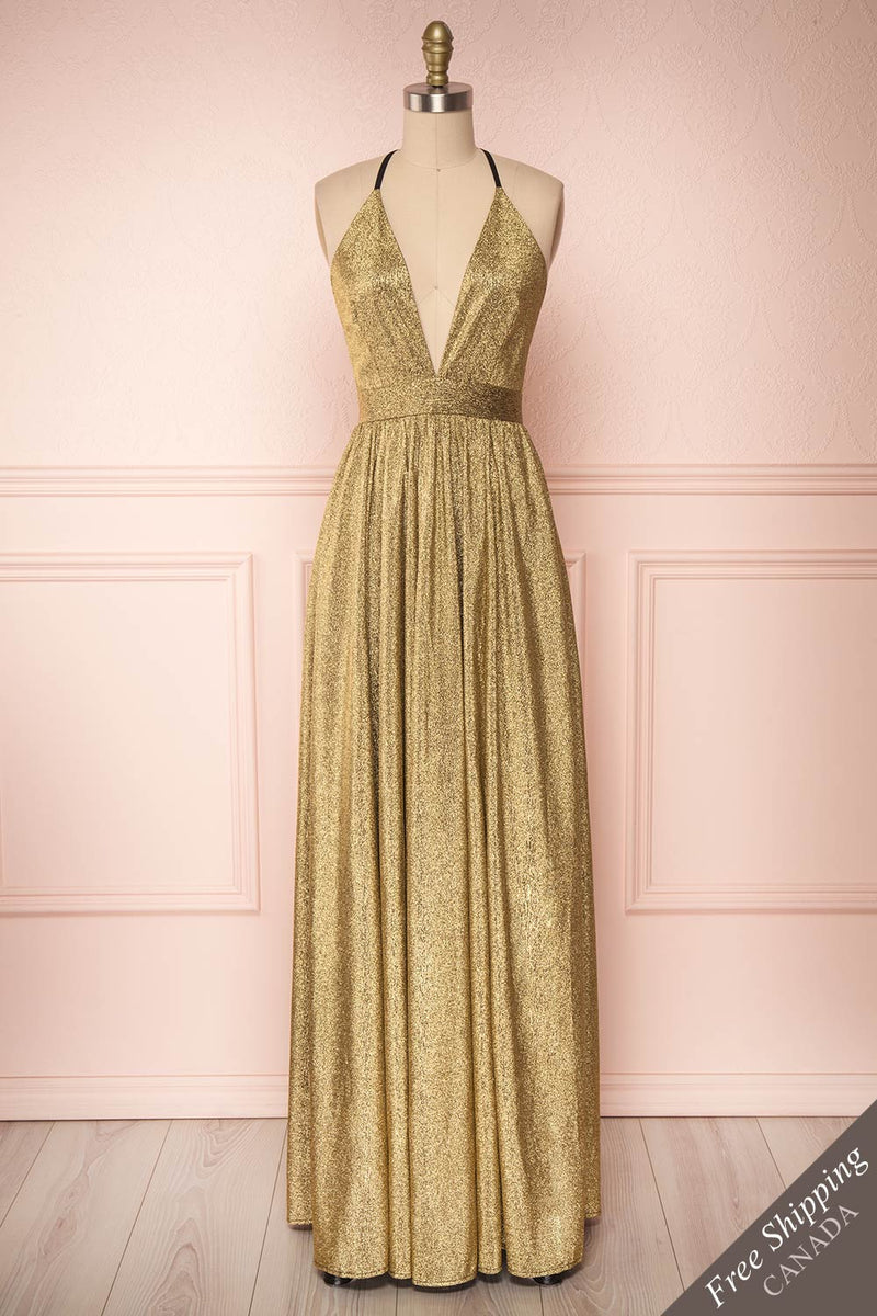 Anywa Or Gold Glitter Dress w/ Plunging Neckline | Boutique 1861