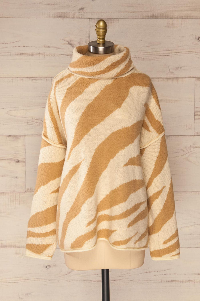 Athena Camel Zebra Print Turtleneck Sweater | La petite garçonne