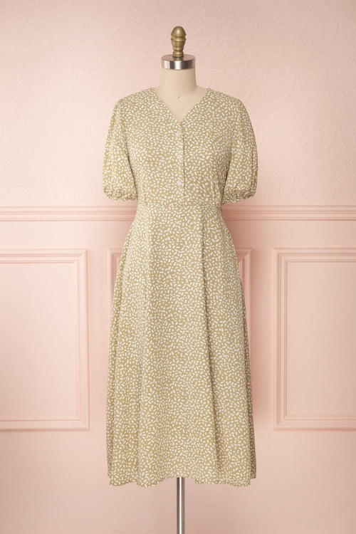 Audesse Green Patterned Puffy Sleeve Midi Dress | Boutique 1861