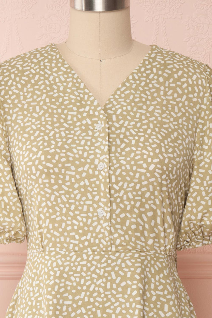 Audesse Green Patterned Puffy Sleeve Midi Dress | Boutique 1861