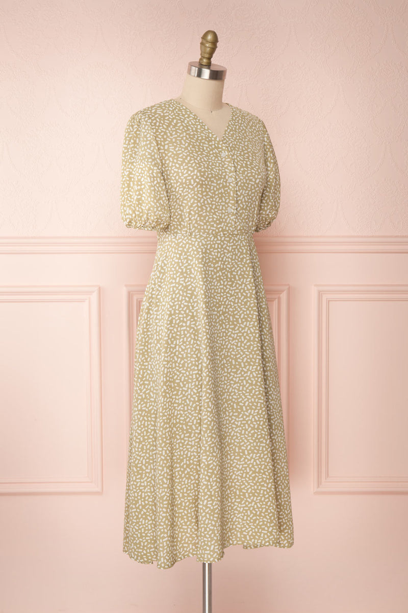 Audesse Green Patterned Puffy Sleeve Midi Dress | Boutique 1861