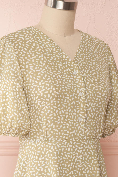 Audesse Green Patterned Puffy Sleeve Midi Dress | Boutique 1861