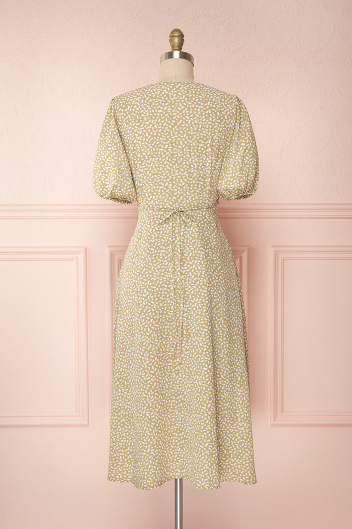 Audesse Green Patterned Puffy Sleeve Midi Dress | Boutique 1861