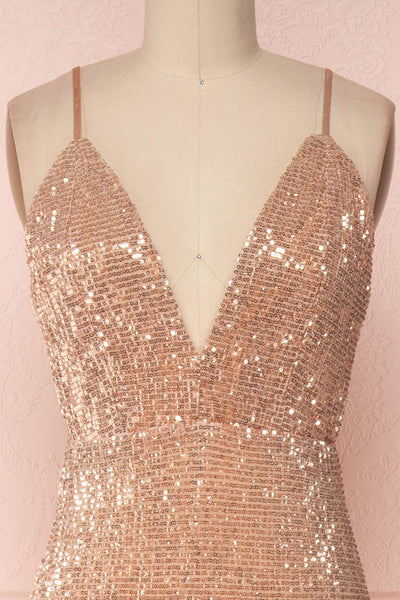 Barabal Rosegold Sequin V Neck Open Back Mermaid Gown | Boutique 1861