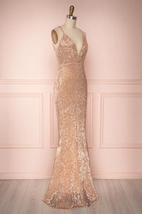 Barabal Rosegold Sequin V Neck Open Back Mermaid Gown | Boutique 1861
