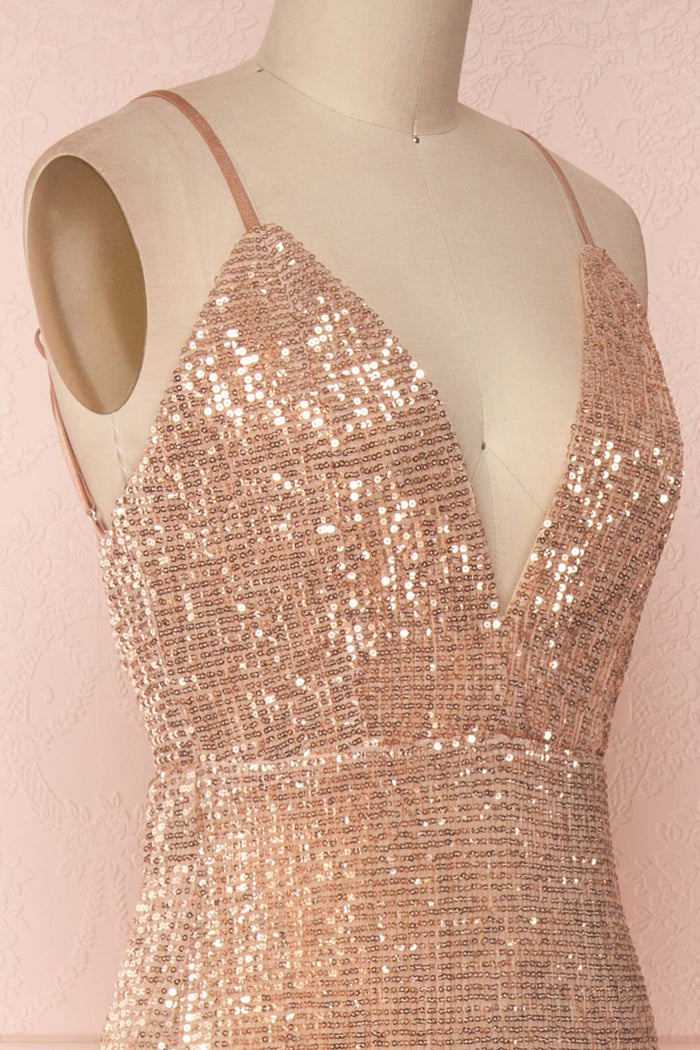Barabal Rosegold Sequin V Neck Open Back Mermaid Gown | Boutique 1861
