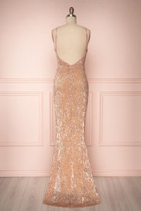 Barabal Rosegold Sequin V Neck Open Back Mermaid Gown | Boutique 1861